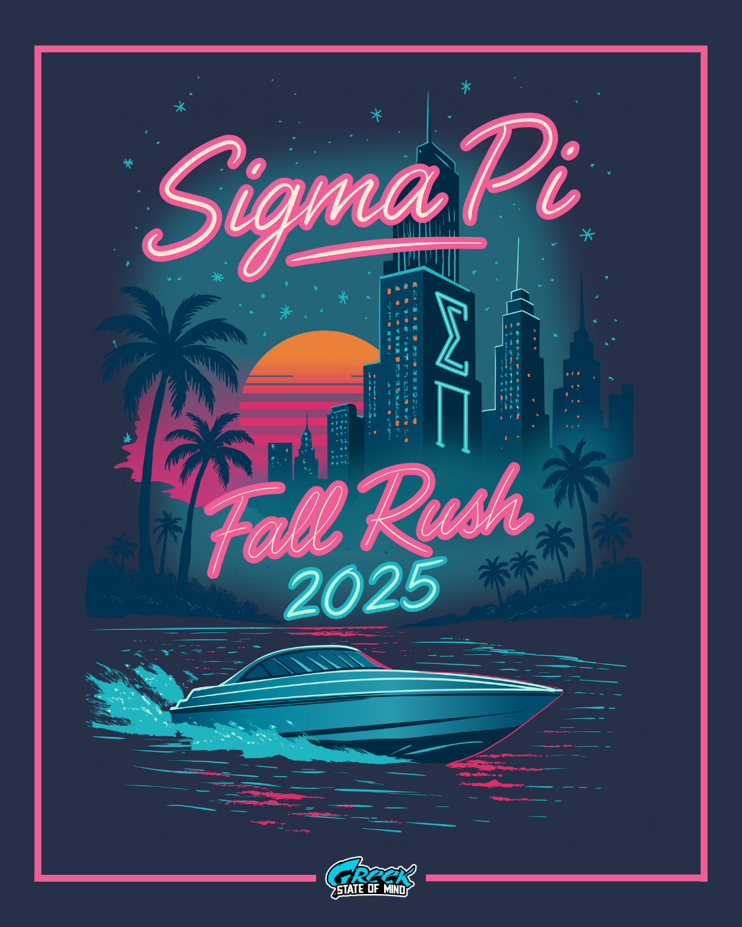 D046 – Sigma Pi Miami Vice City Boat Fall Rush 2025 Shirt Design