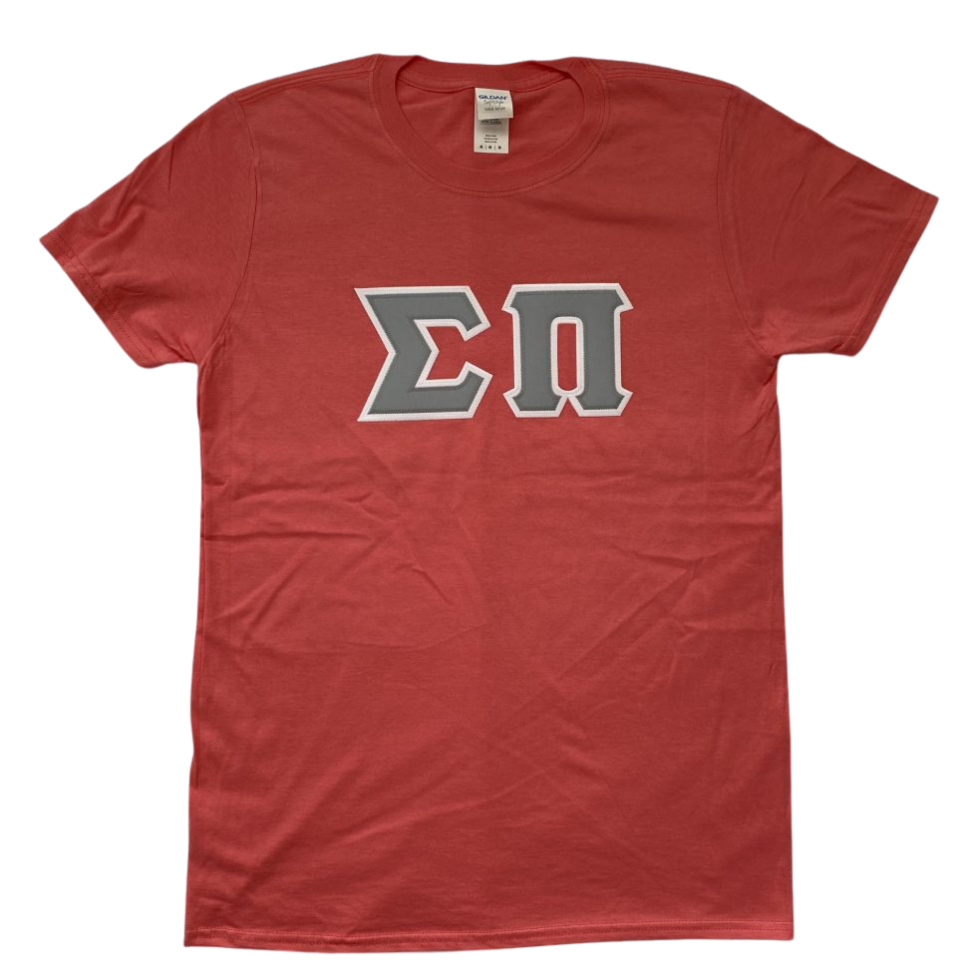 Sigma Pi Stitched Letter T-Shirt | Coral Silk | Gray Letters with Whit