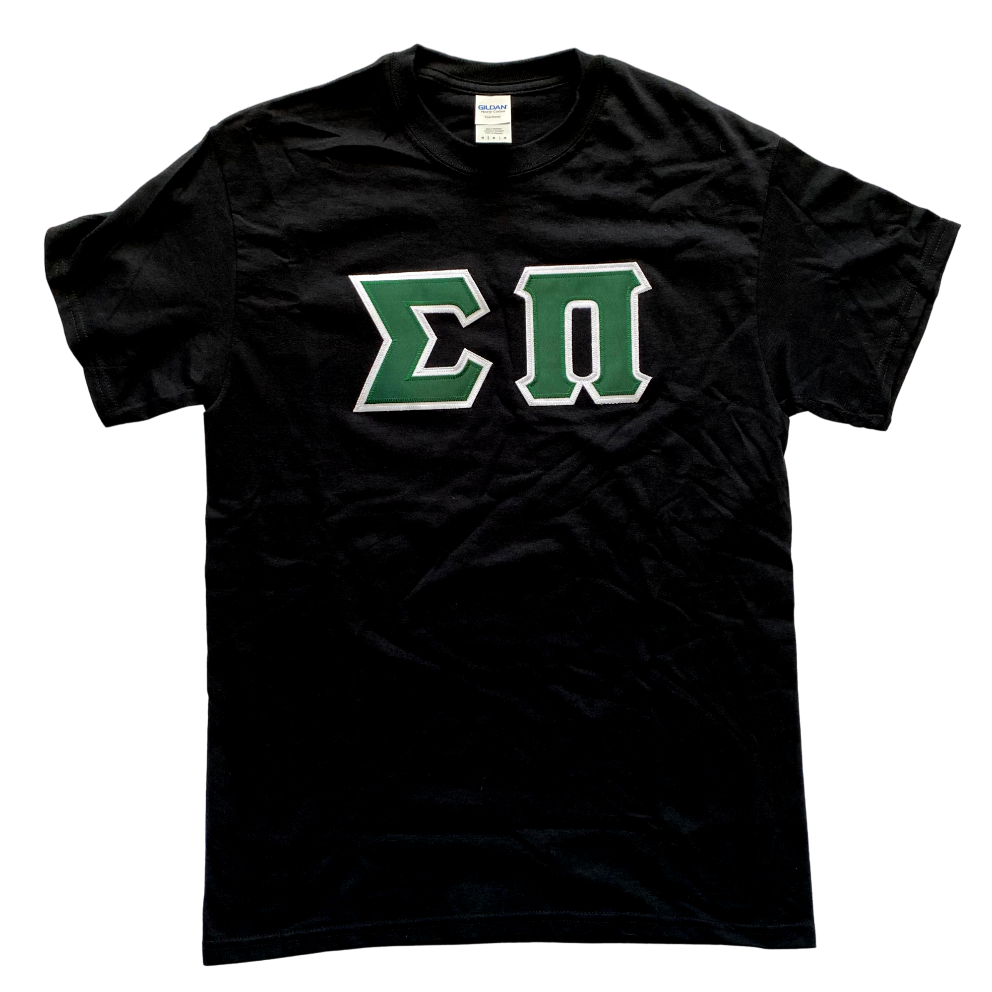 Sigma Pi Stitched Letter T-Shirt | Green with White Border