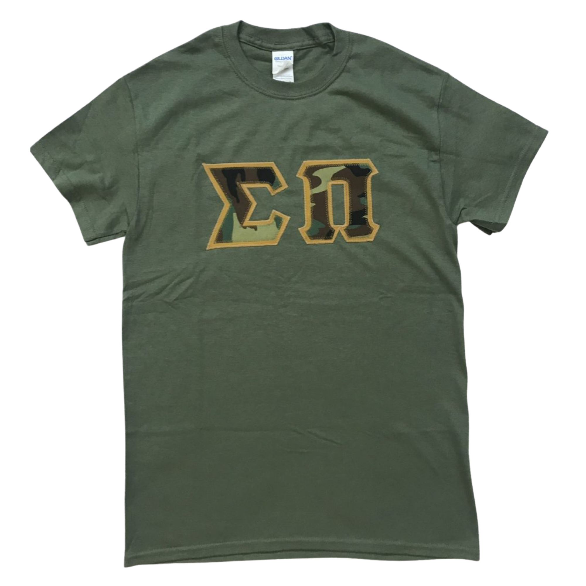 Sigma Pi Stitched Letter T-Shirt | Camo with a Tan Border